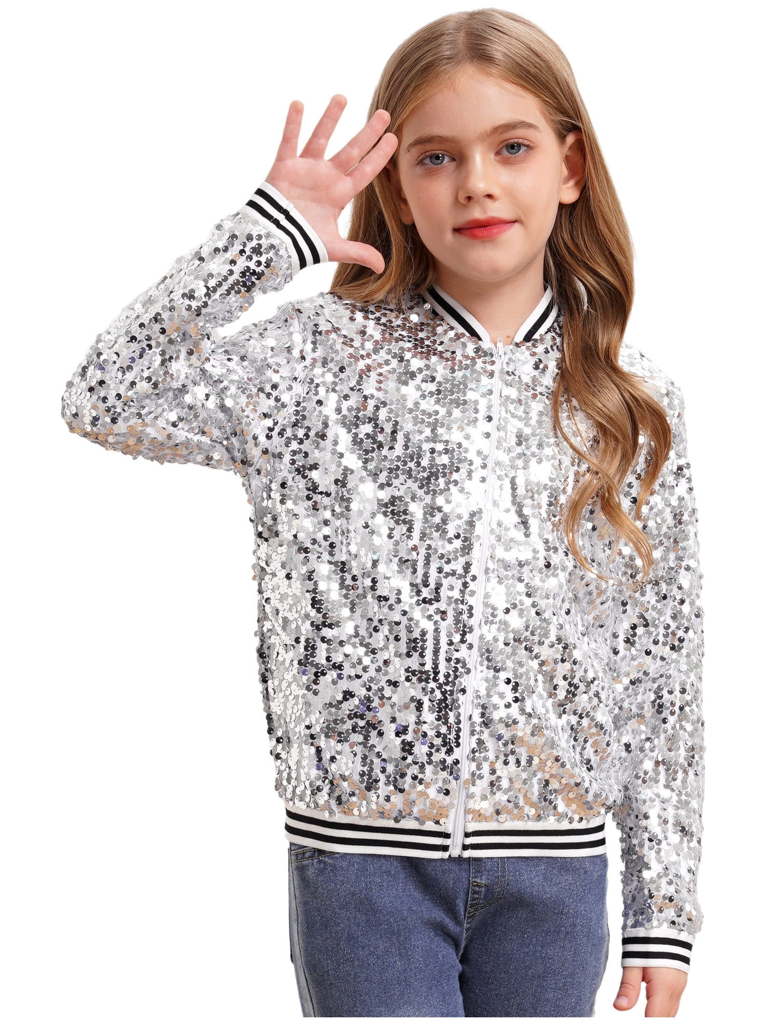 renvena Kids Girls Shiny Baseball Jacket Flip Sequin Blazer Jacket Coat ...