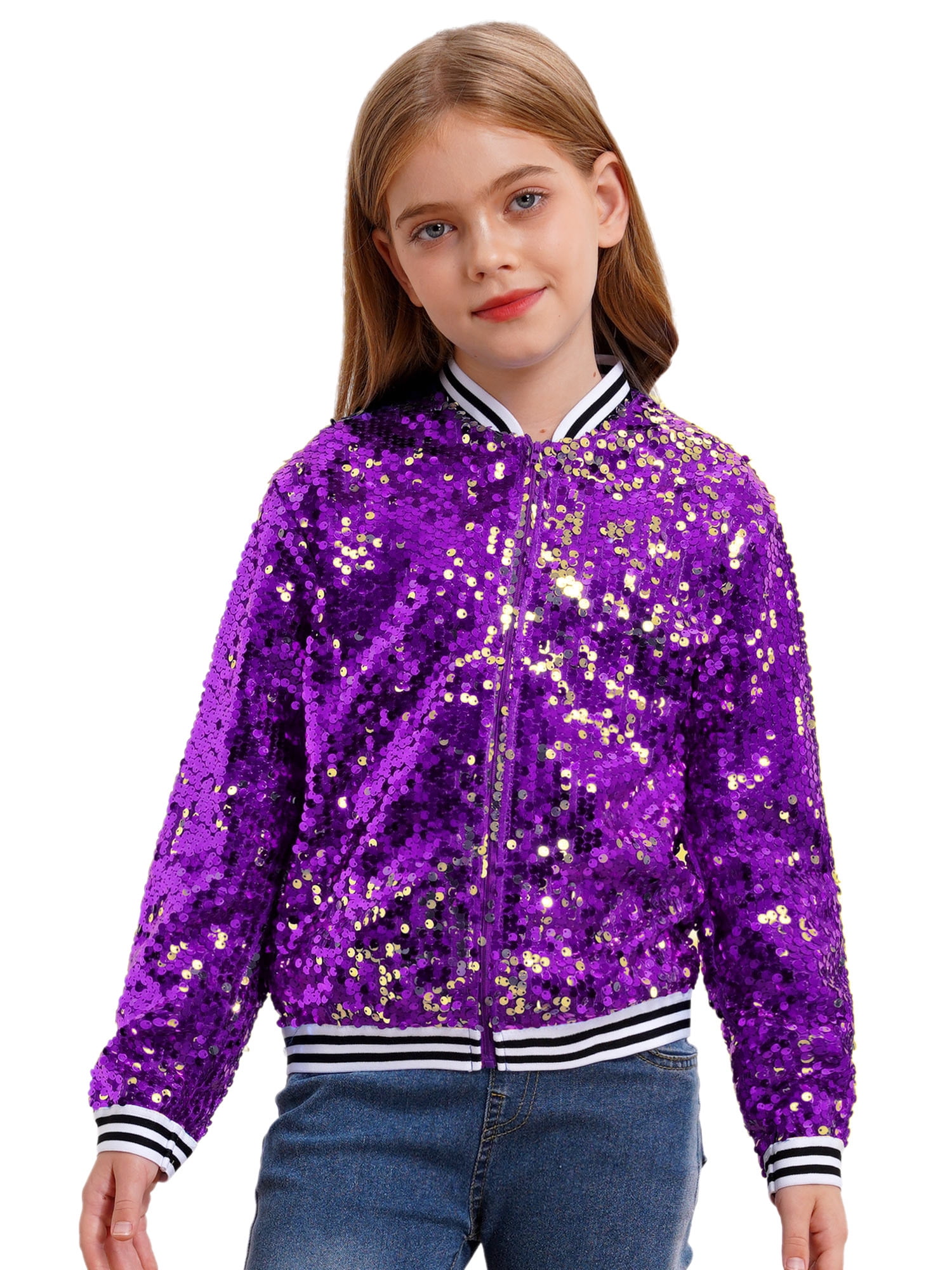 renvena Kids Girls Shiny Baseball Jacket Flip Sequin Blazer Jacket Coat ...