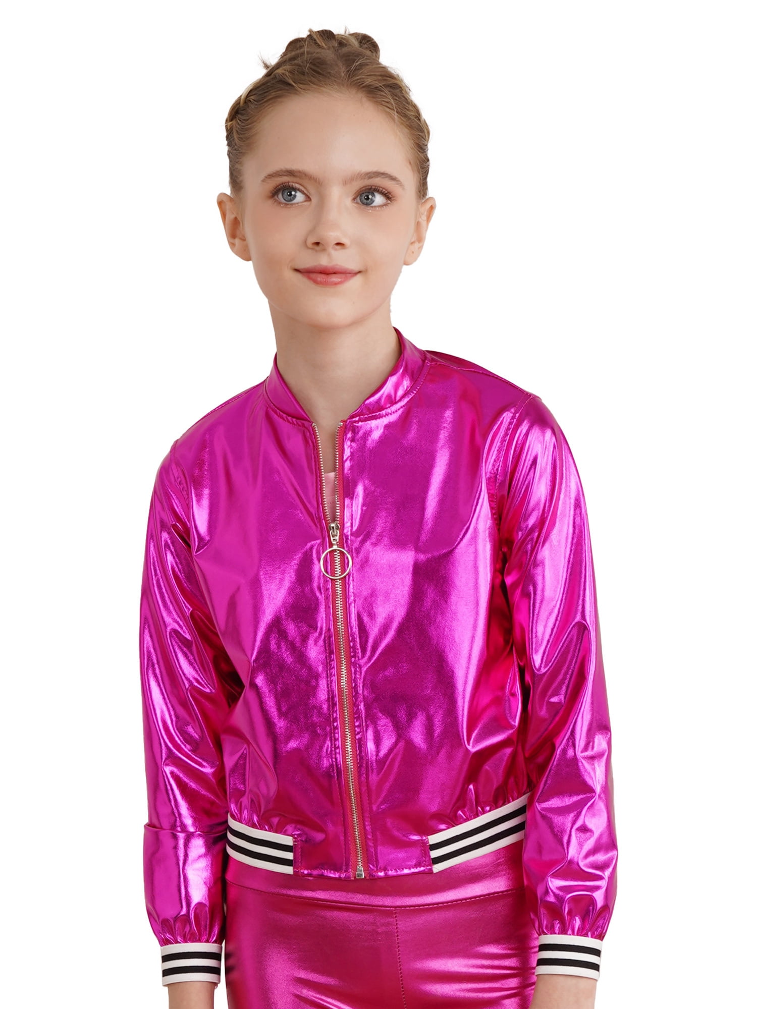 renvena Kids Girls Shiny Baseball Jacket Long Sleeve Sparkle Metallic ...