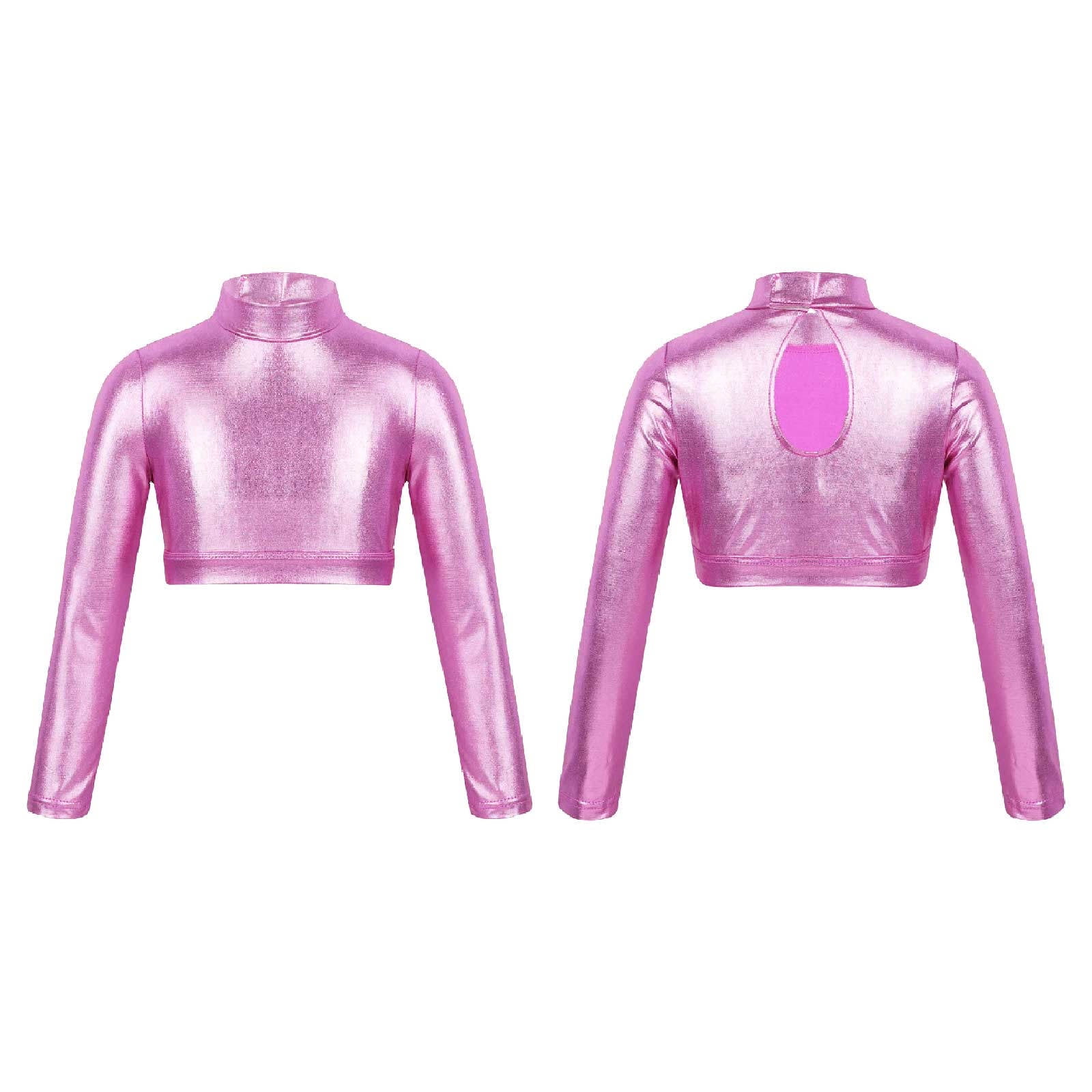 renvena Kids Girls Shiny Metallic Crop Tops Long Sleeves Ballet Dance ...