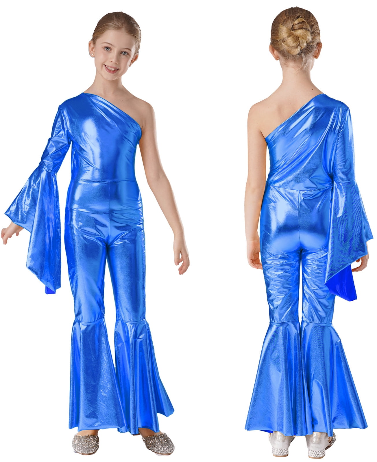 renvena Kids Girls Shiny Metallic Dance Jumpsuit One Shoulder Flare ...