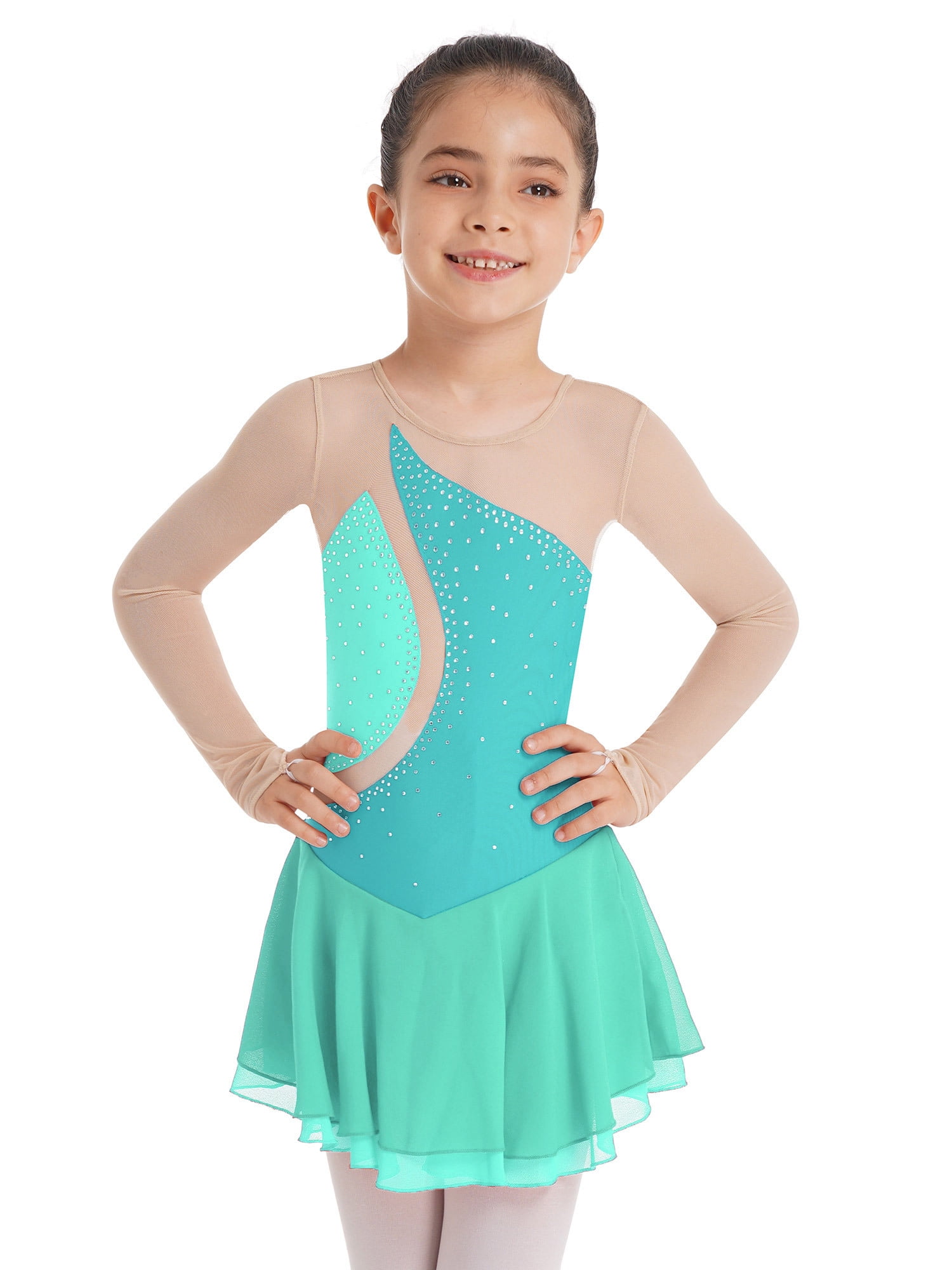 renvena Kids Girls Shiny Rhinestones Mesh Splice Figure Ice Skating ...