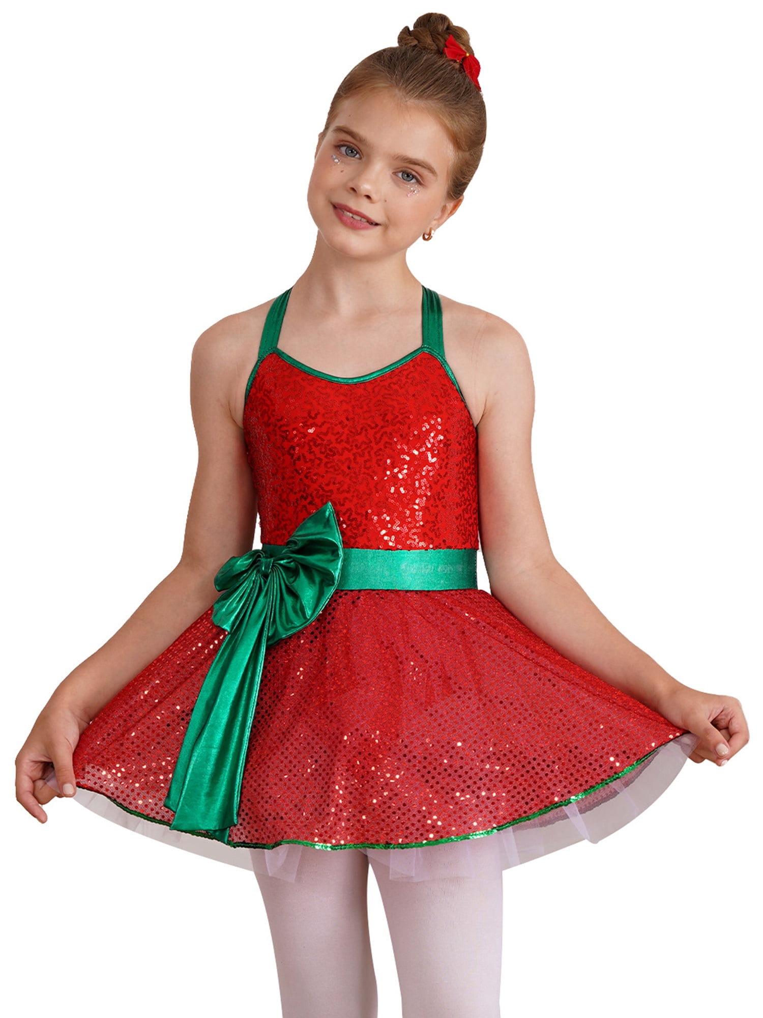 renvena Kids Girls Shiny Sequin Christmas Dance Dress Ice Skating ...