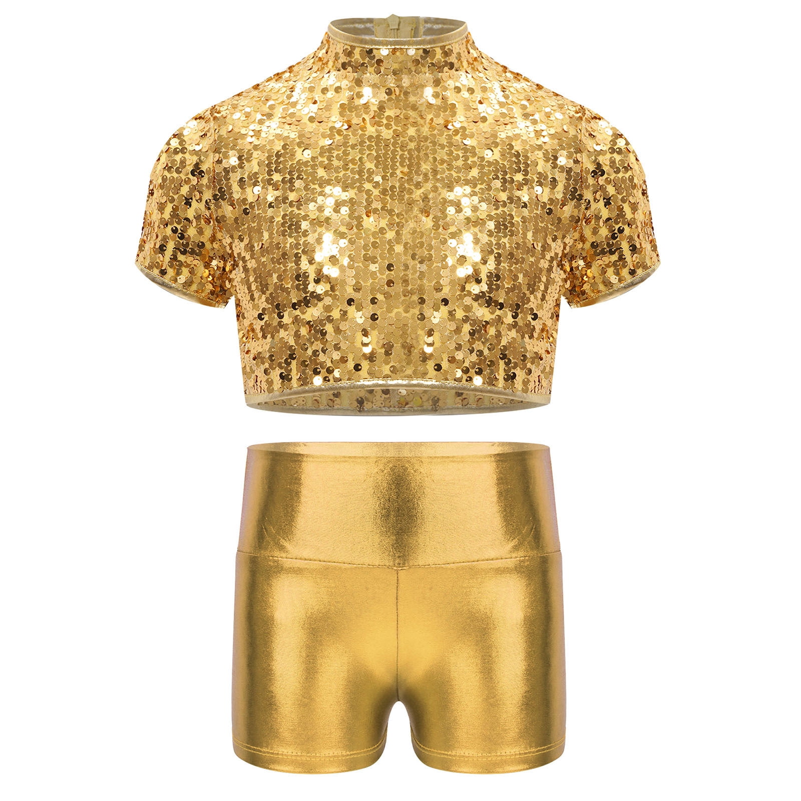 renvena Kids Girls Short Sleeves Sparkly Crop Top and Shiny Metallic ...