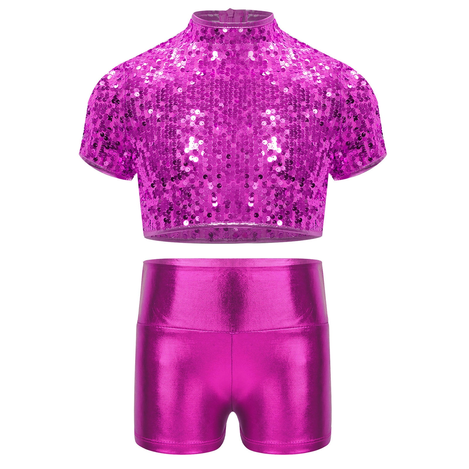 renvena Kids Girls Short Sleeves Sparkly Crop Top and Shiny Metallic ...
