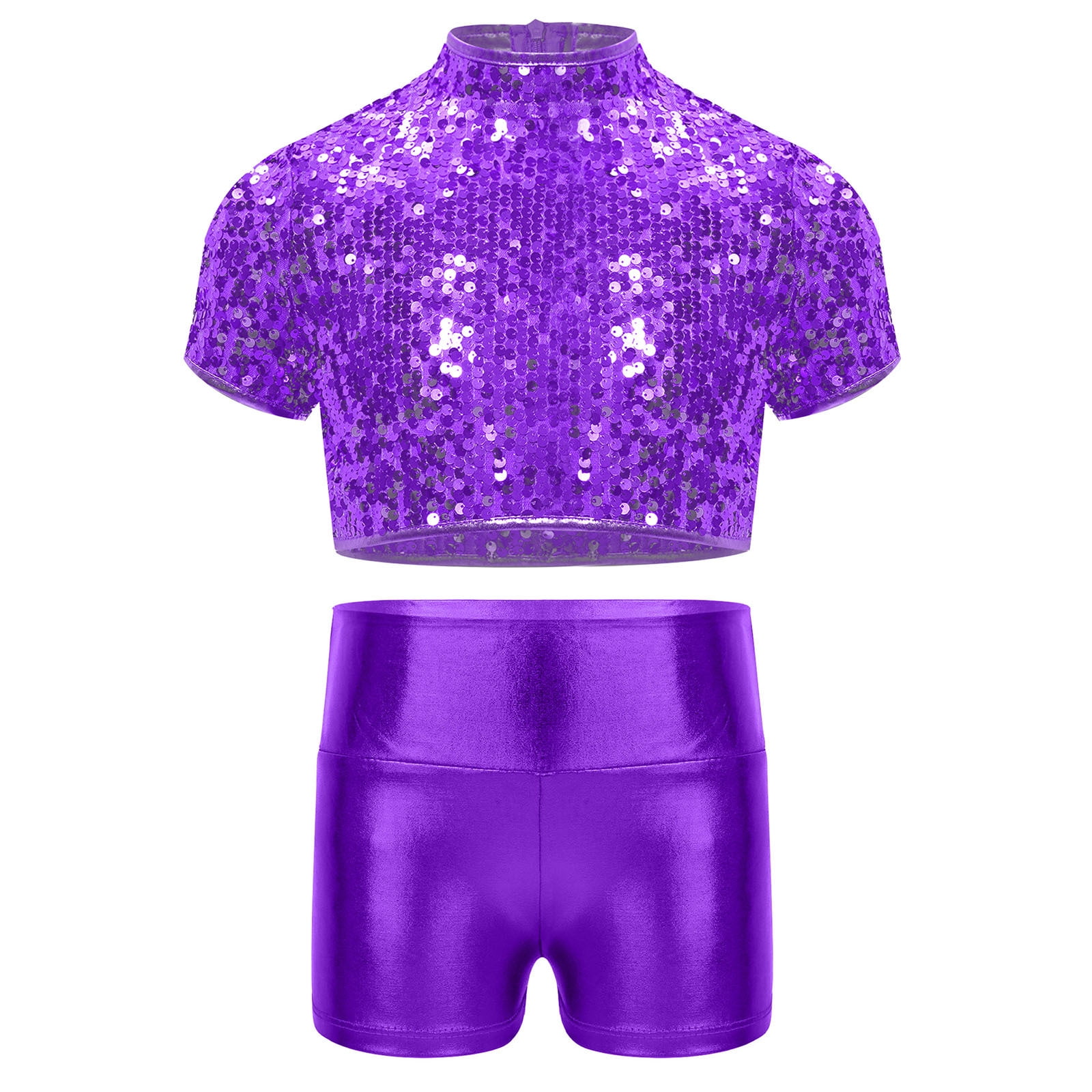 Renvena Kids Girls Short Sleeves Sparkly Crop Top And Shiny Metallic