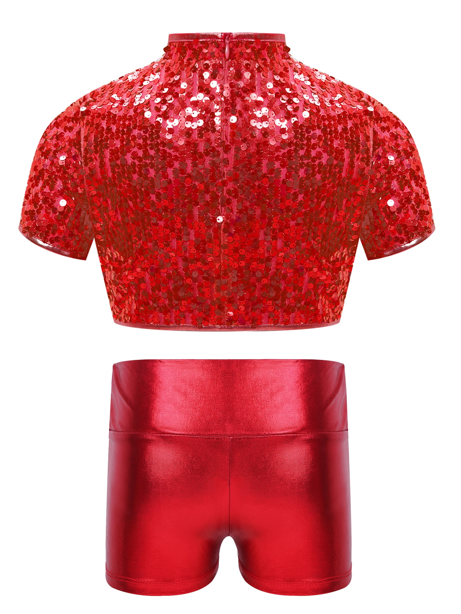 renvena Kids Girls Short Sleeves Sparkly Crop Top and Shiny Metallic ...