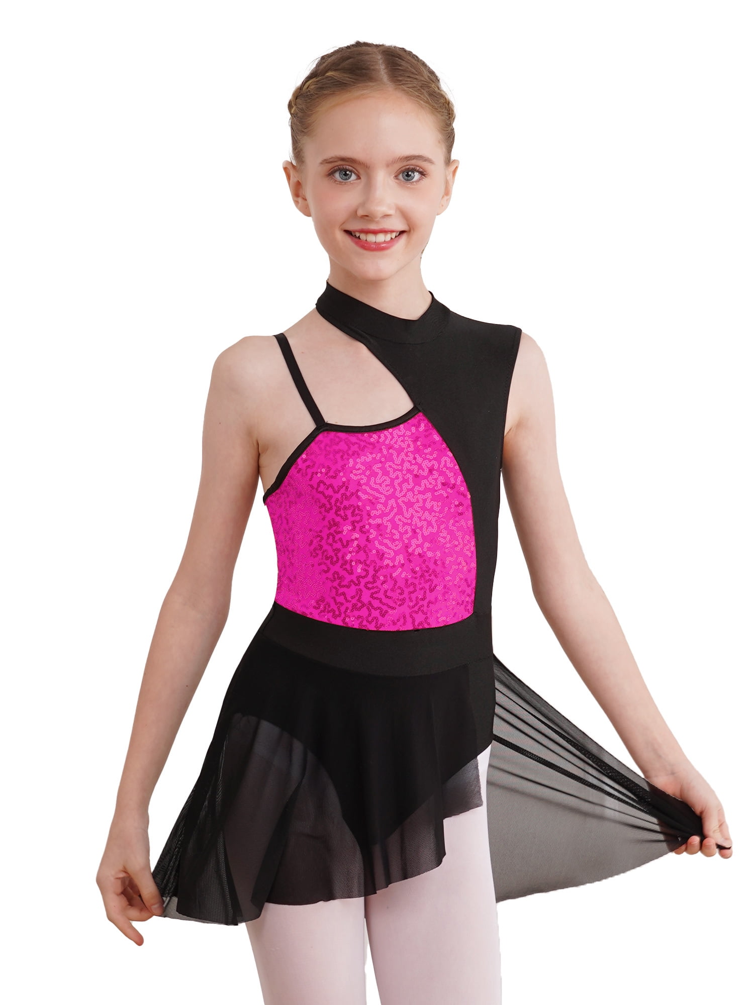 renvena Kids Girls Sleeveless Halter Neck Sequins Splice Leotard Dress ...