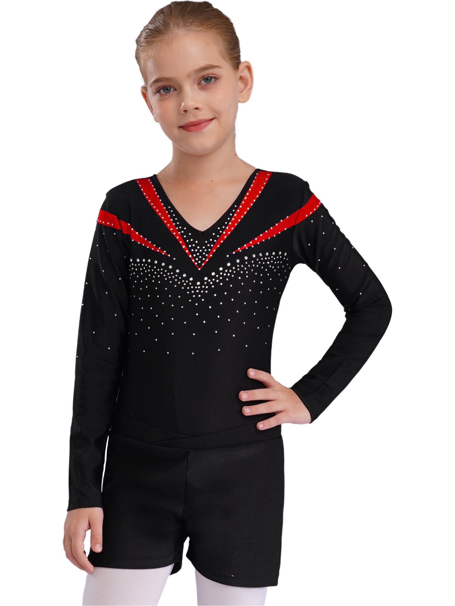 renvena Girls Rhinestone Long Sleeve Gymnastics Leotards with Shorts ...