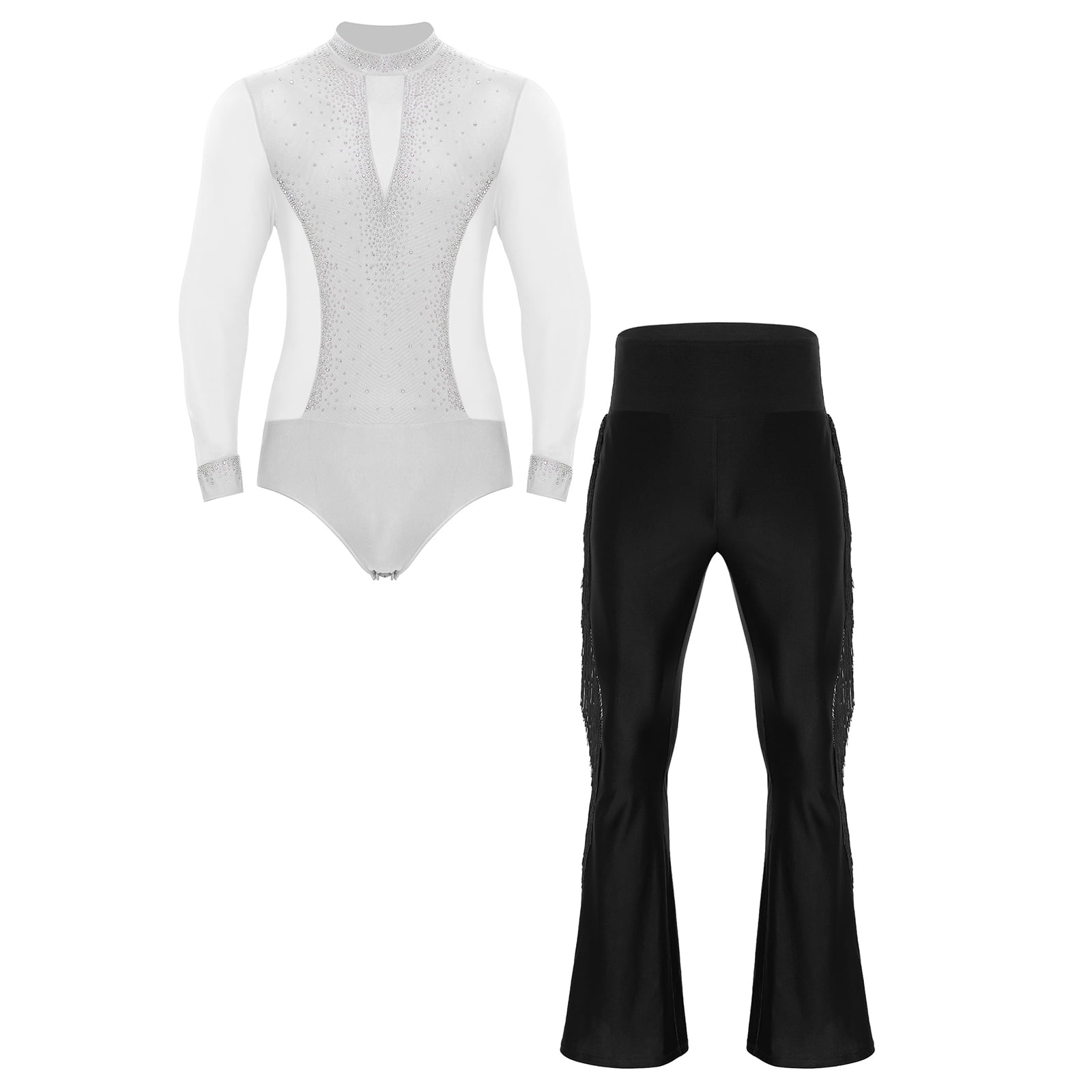renvena Men Latin Dance Costume Long Sleeve Rhinestone Bodysuit With ...