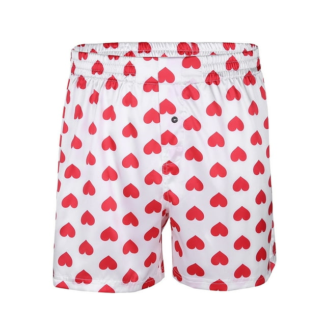 Renvena Men's Love Heart Print Satin Boxer Shorts, Elastic Waist Lounge ...