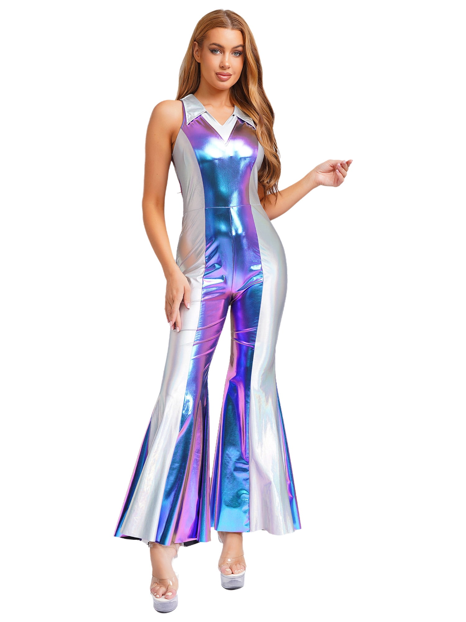 renvena Women 70s Outfits Shiny Disco Prom Jumpsuit Music Festival ...