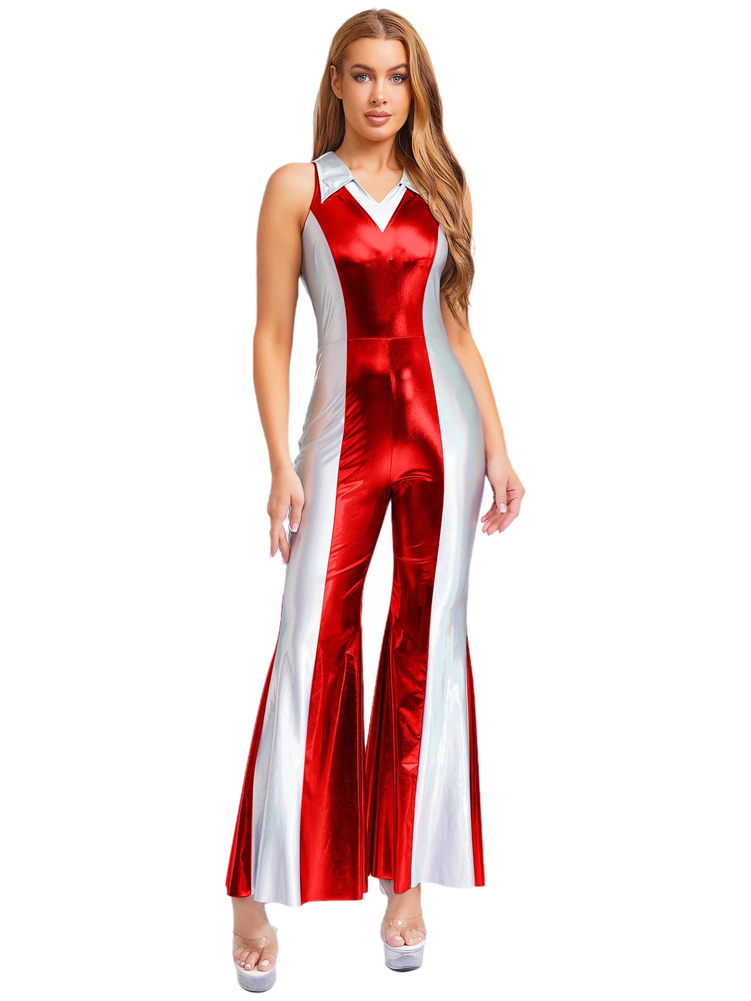 renvena Women 70s Outfits Shiny Disco Prom Jumpsuit Music Festival ...