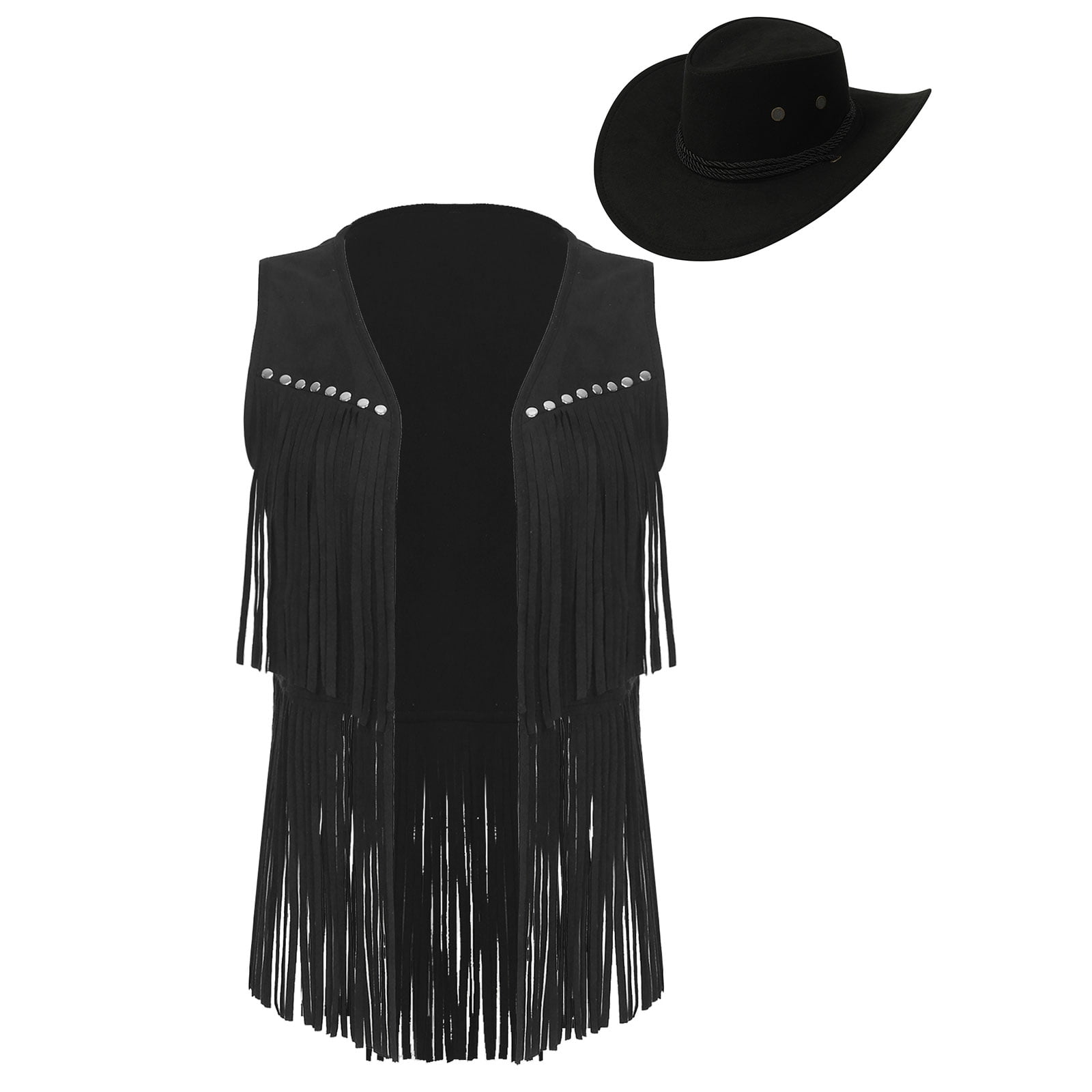 renvena Women's Cowboy Cowgirl Shiny Fringed Vest Waistcoat with Hat ...