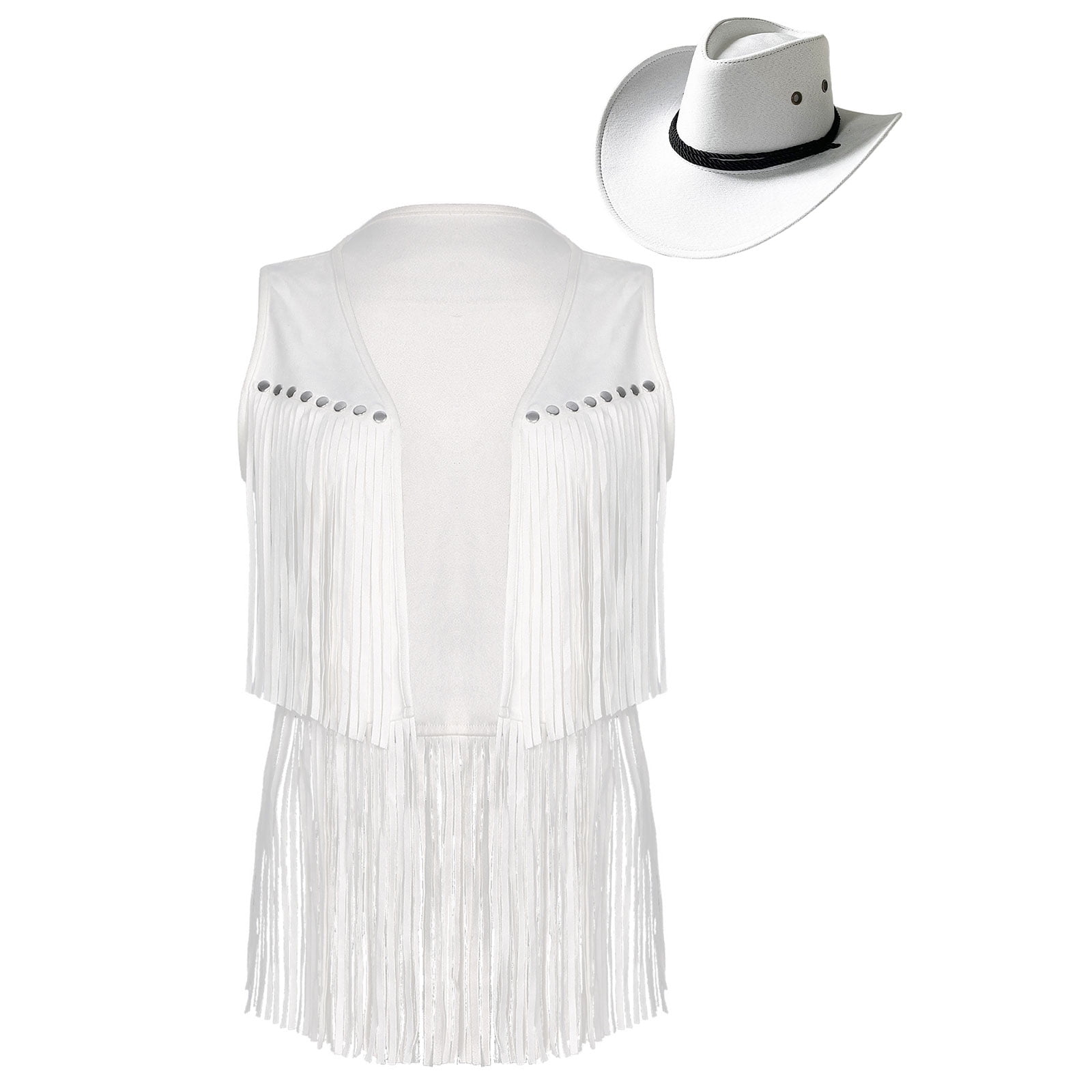renvena Women's Cowboy Cowgirl Shiny Fringed Vest Waistcoat with Hat ...