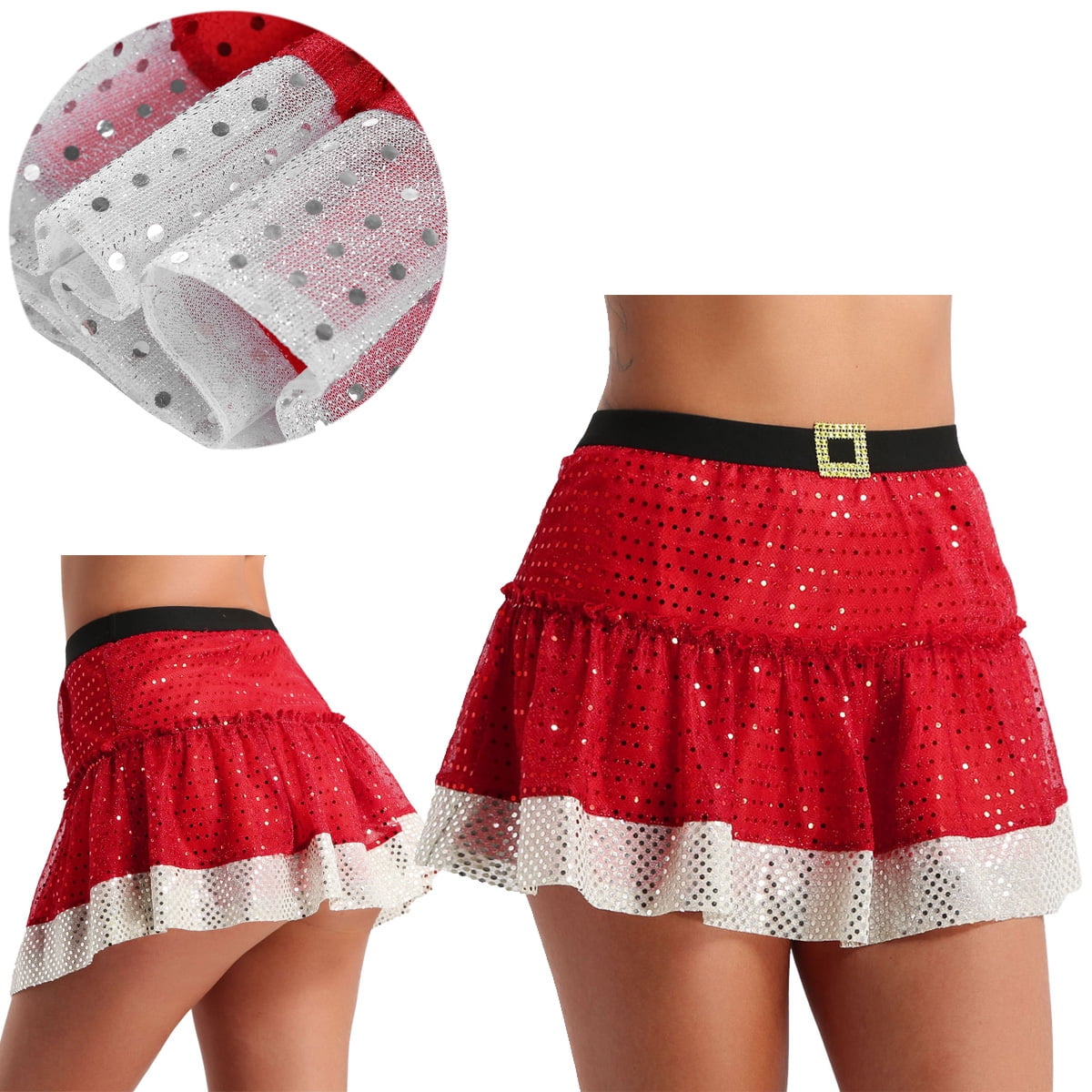 renvena Women's Shiny Sequins Mrs Santa Claus Skater Skirt Christmas ...