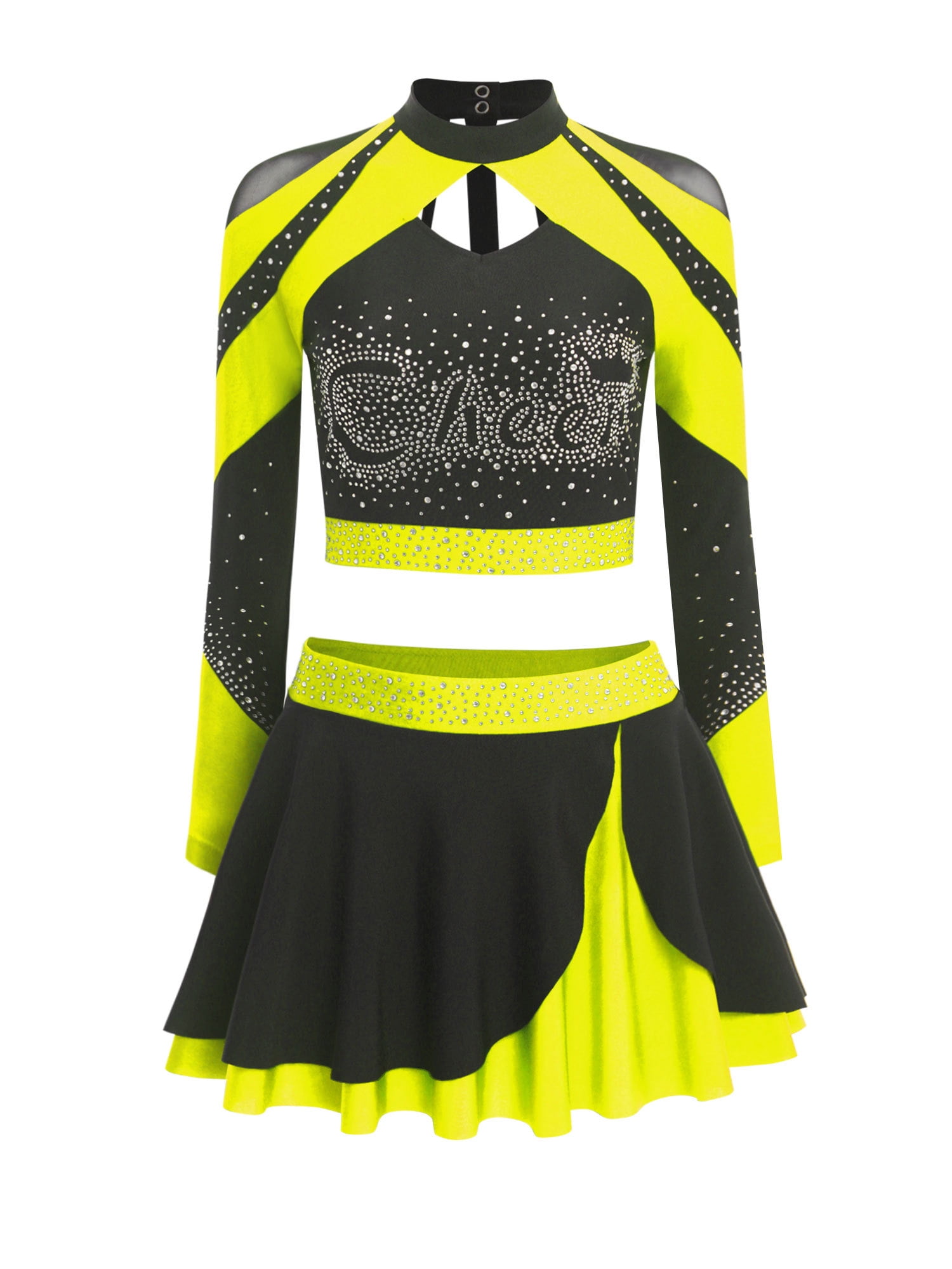 renvena Womens 2-piece Shiny Rhinestone Cheerleading Uniform Long ...