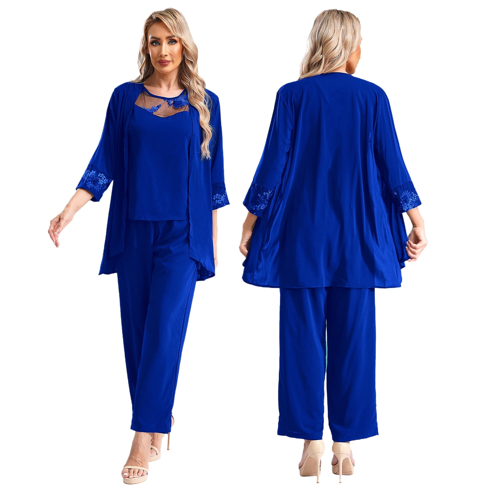 renvena Women's 3-Piece Wedding Guest Pants Suit, Chiffon Lace, Blue ...