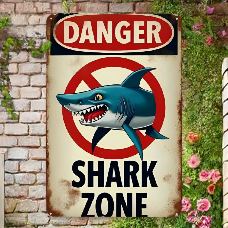 The retro style metal logo on the 8X12 inch ' Dangerous Shark Zone ...