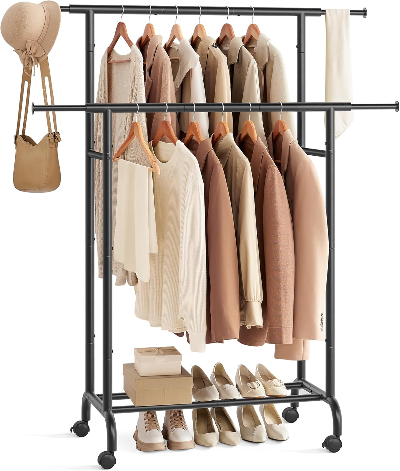 rfdxcui Clothes Rail Double Clothes Rack on Wheels Extendable Garment ...