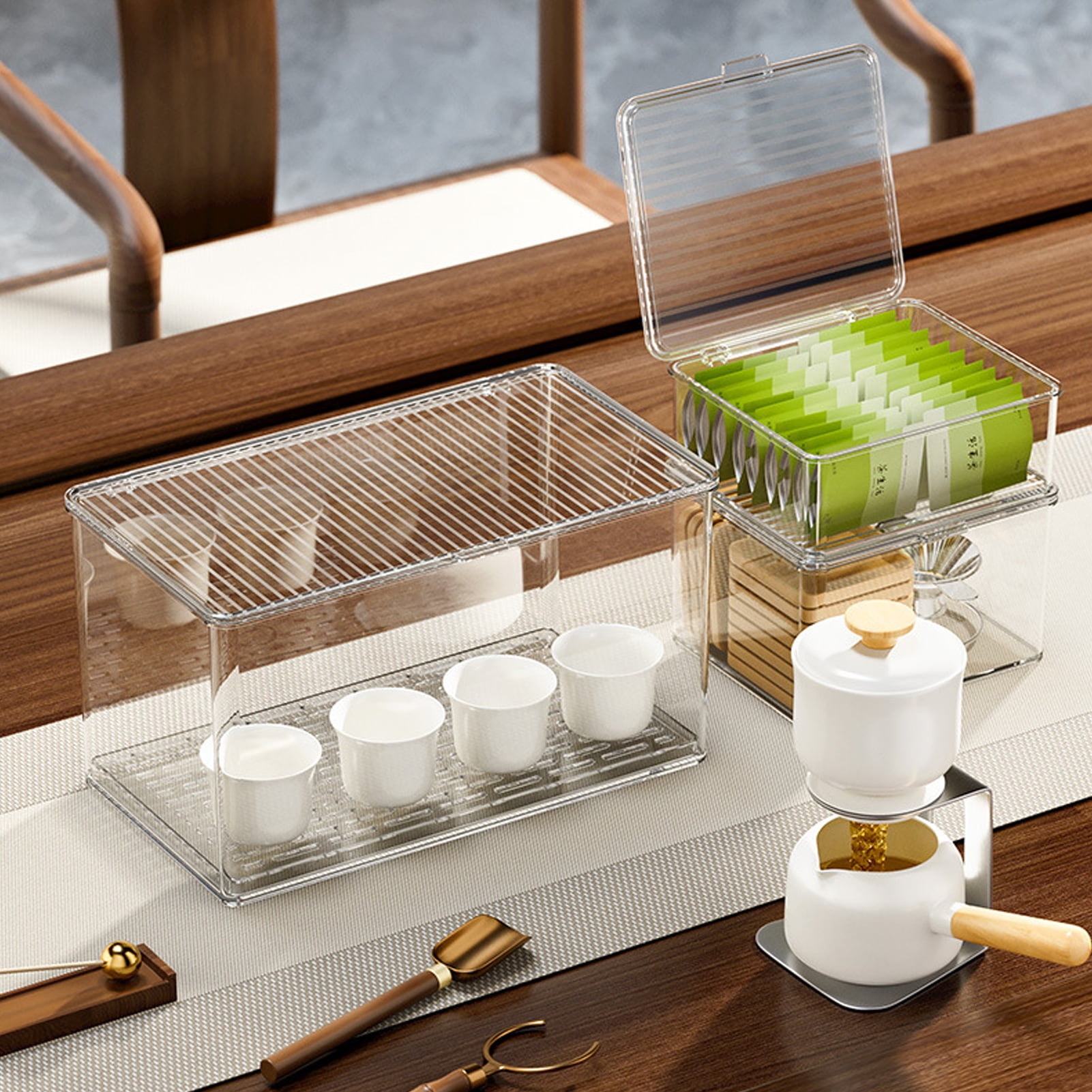 riaocot Transparent Tea Set Storage Box Large-Capacity Stackable Space ...
