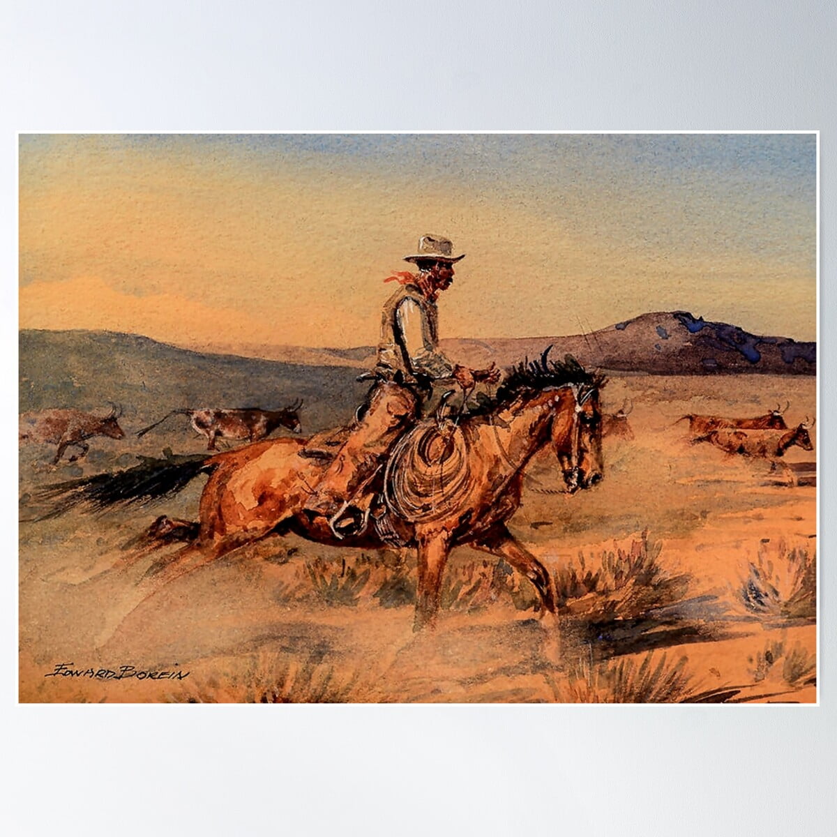 Â€Œriding Herdâ€ Western Art By Edward Borein Poster Wall Art, Modern ...