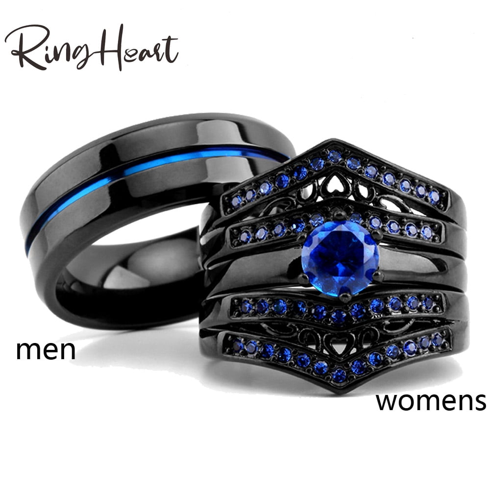 ringheart 4 Matching Rings Couple Rings CZ Women Wedding Ring Sets for ...