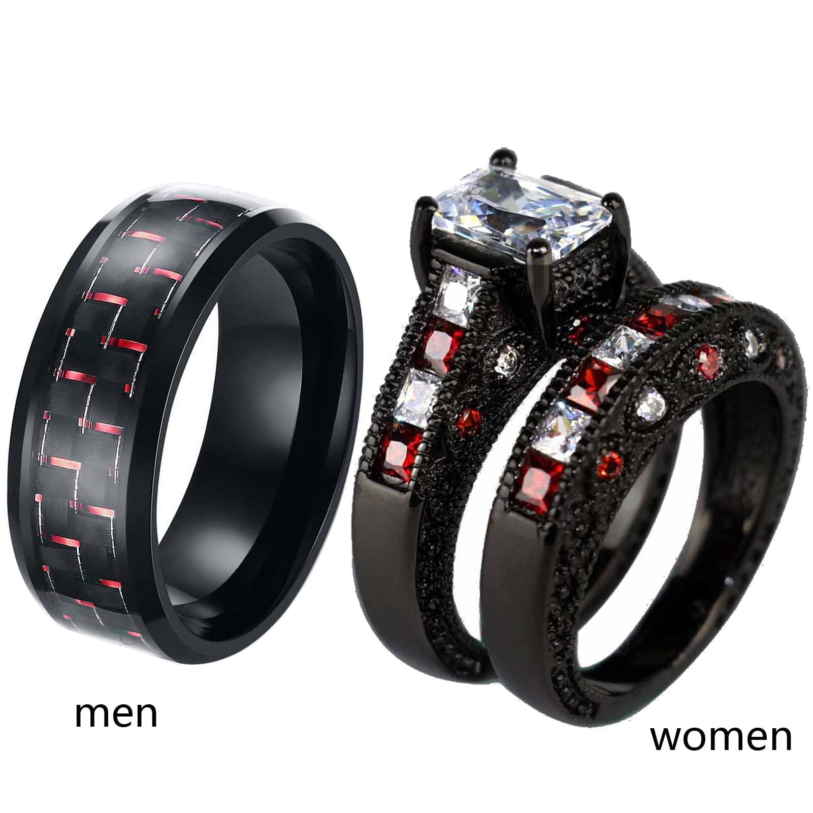 ringheart Black Matching Rings His Her Ring Sets Couple Rings Red CZ ...