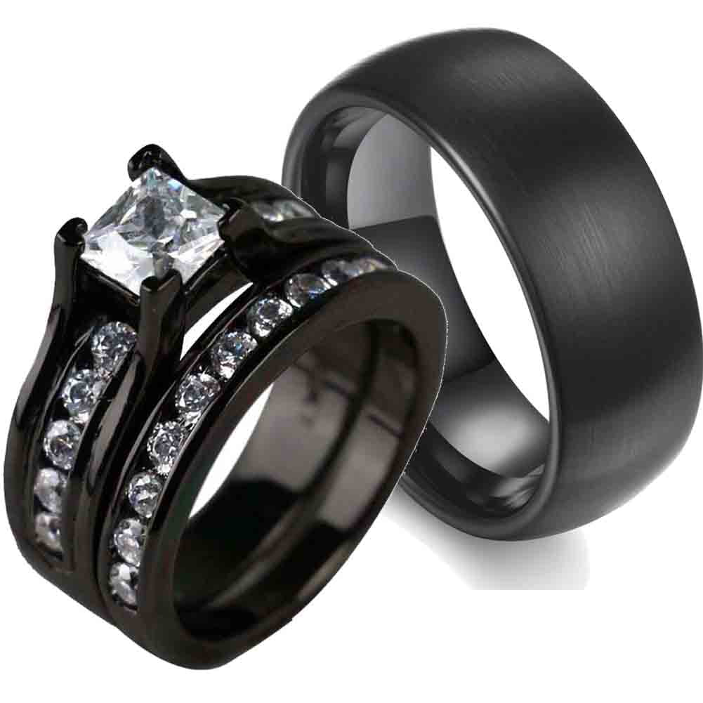 ringheart Black Matching Rings His and Her Rings Couple Rings AAA Cz ...