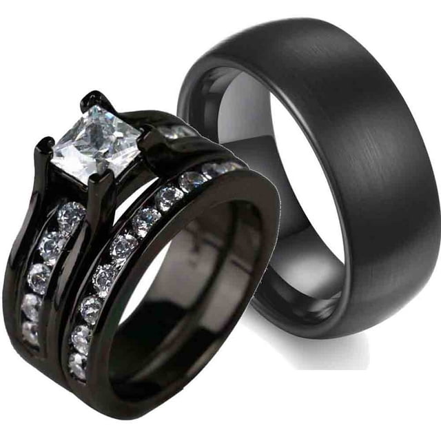 ringheart Black Matching Rings His and Her Rings Couple Rings AAA Cz Wedding Ring Sets for Him ...