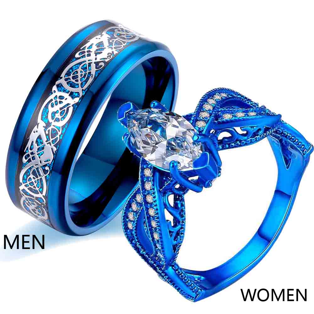 ringheart Blue Matching Rings His and Her Rings Couple Rings 1CT CZ Women Wedding Ring for Him ...