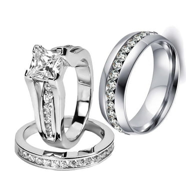 Matching Ring Couple Rings White Gold Plated 1CT CZ Women Wedding Ring Sets Female Ring ...
