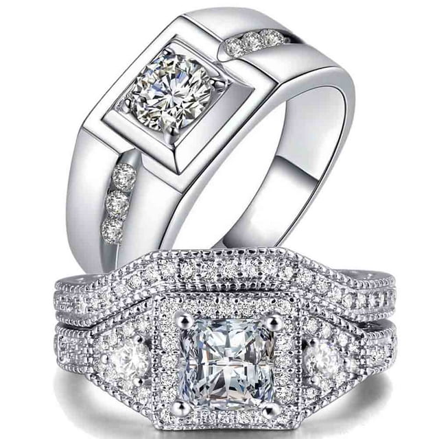 ringheart Matching Rings His and Her Rings Couple Rings Princess cut Cz Wedding Ring Sets for ...