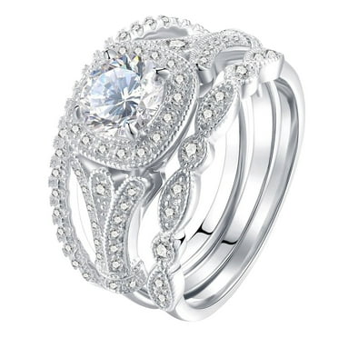 925 Silver Multilayer Round Cut White Sapphire Full Diamond Engagement ...