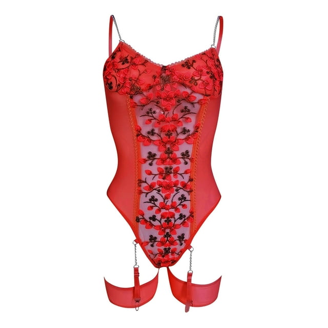 Rinsvye Women Lace Mesh Floral Embroidery Chain Linked Garter Teddy Bodysuit With Leg Ring