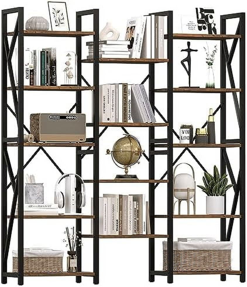 riple Wide 5 Tier Bookshelf, Rustic Industrial Style Bookcases with 14 ...