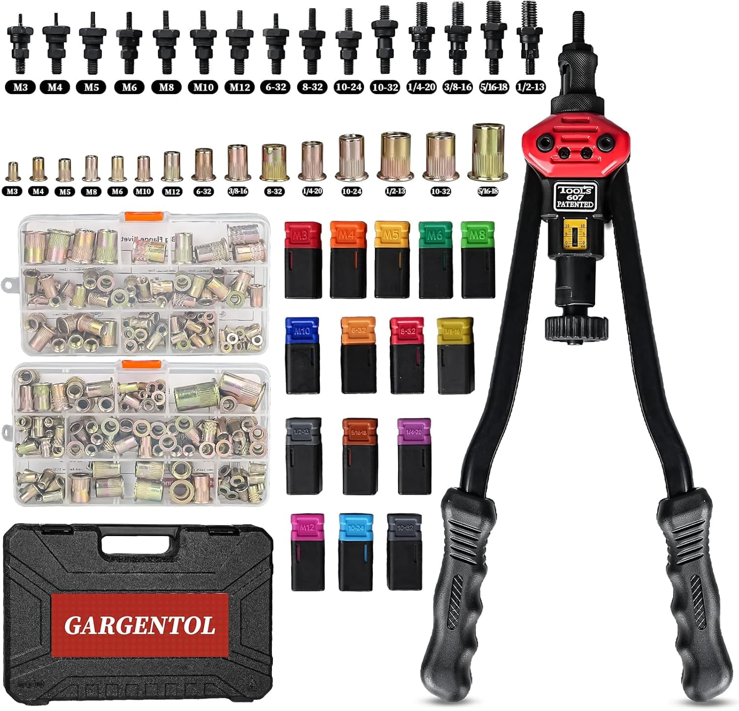 rivet nut tool kit, 16-inch rivnut tool with 15 metric & sae mandrels and rivet nut gun, 200pcs ...