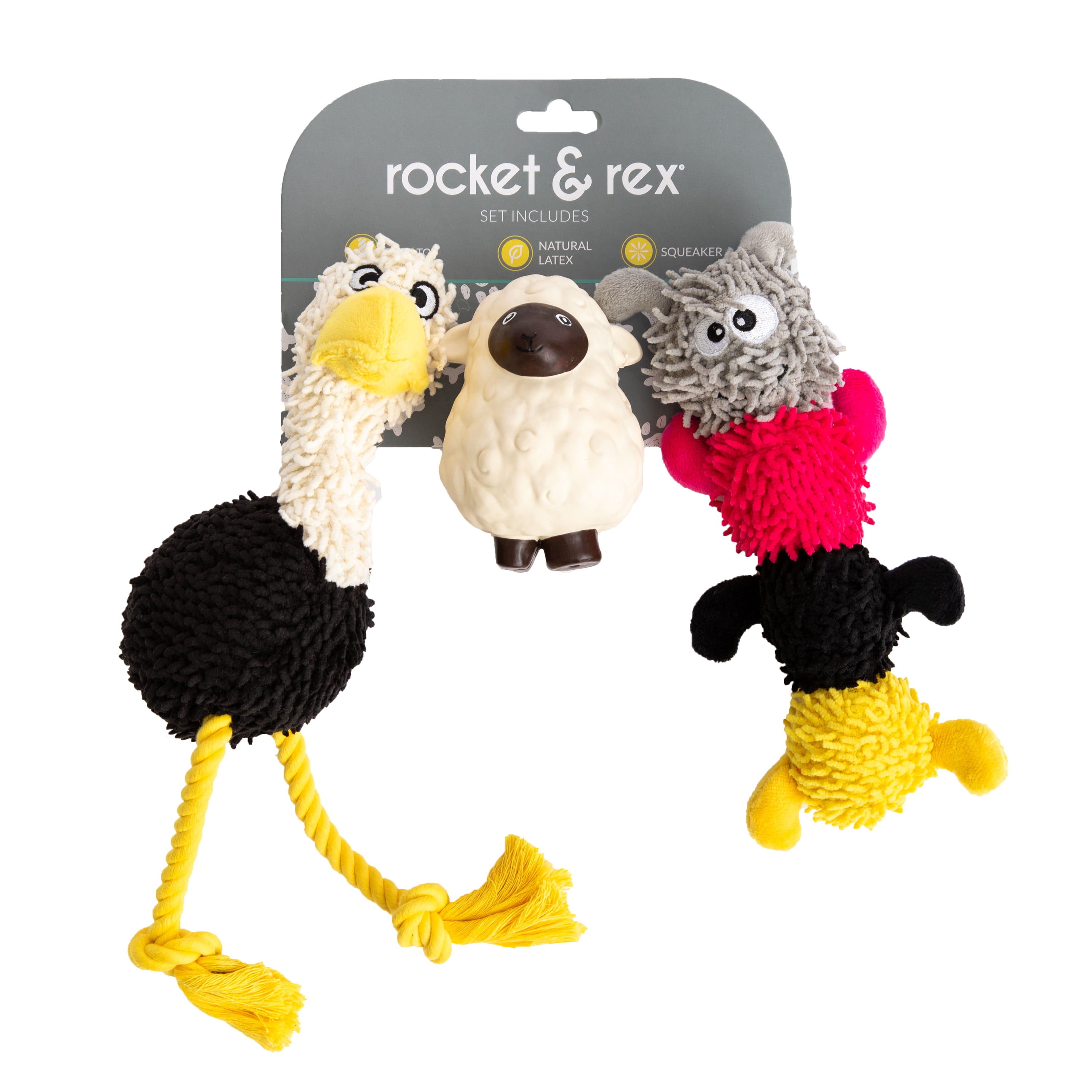 Rocket & Rex Squeaky 3-Pack Dog Toy Set | Rope, Plush & Rubber | For ...