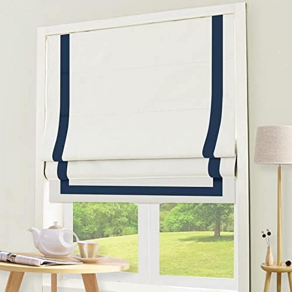 roman shades with ribbon border for windows, white navy blue custom ...