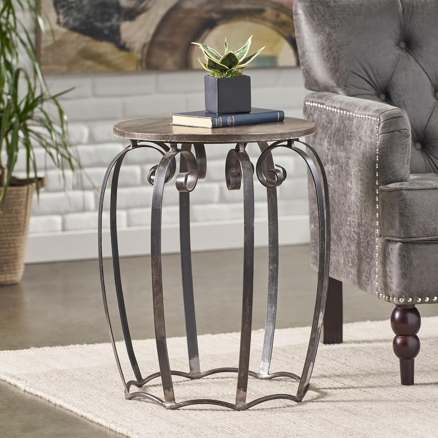 roomfitters Vintage Round End Table with Rustic Wood Top, Ornate ...
