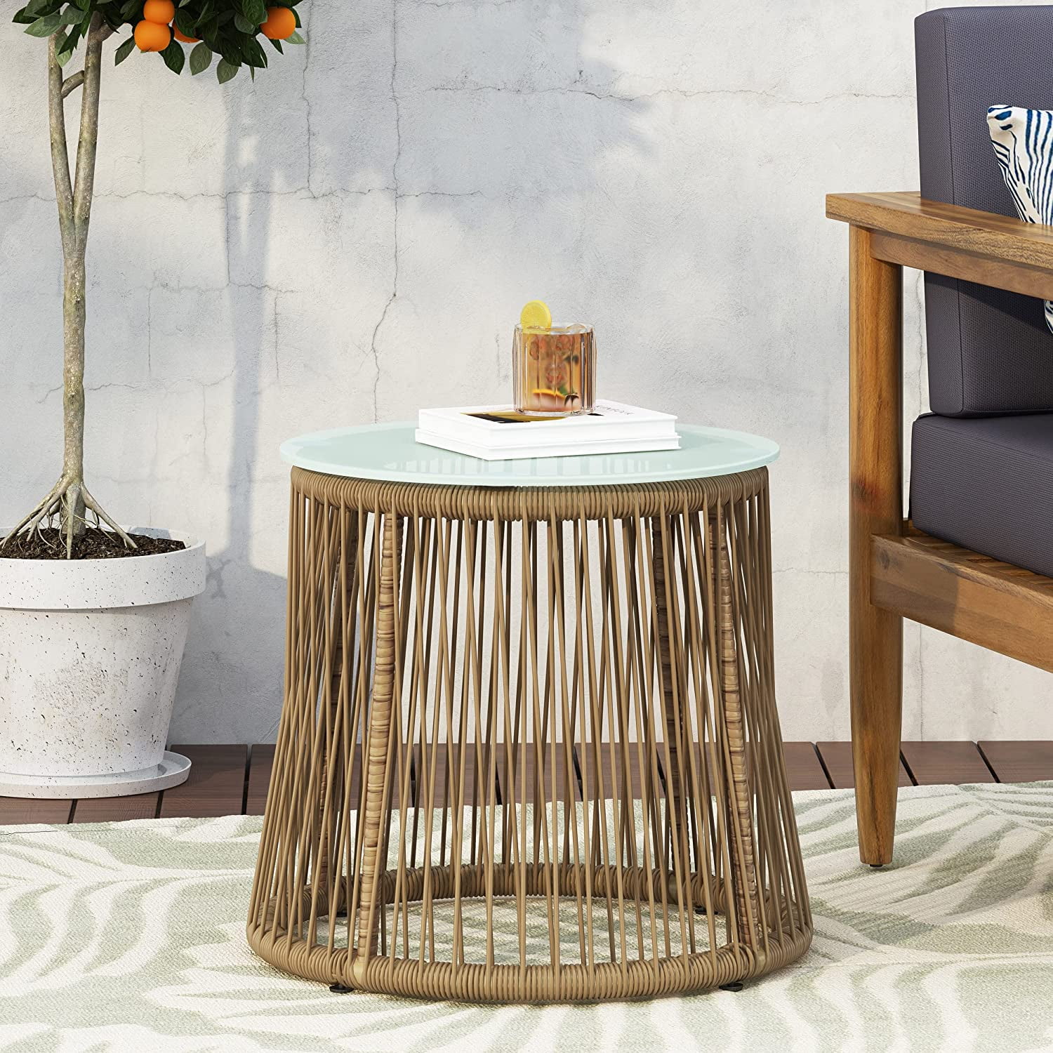 roomfitters Woven Rope Side Table with Tempered Glass Top, Stylish ...
