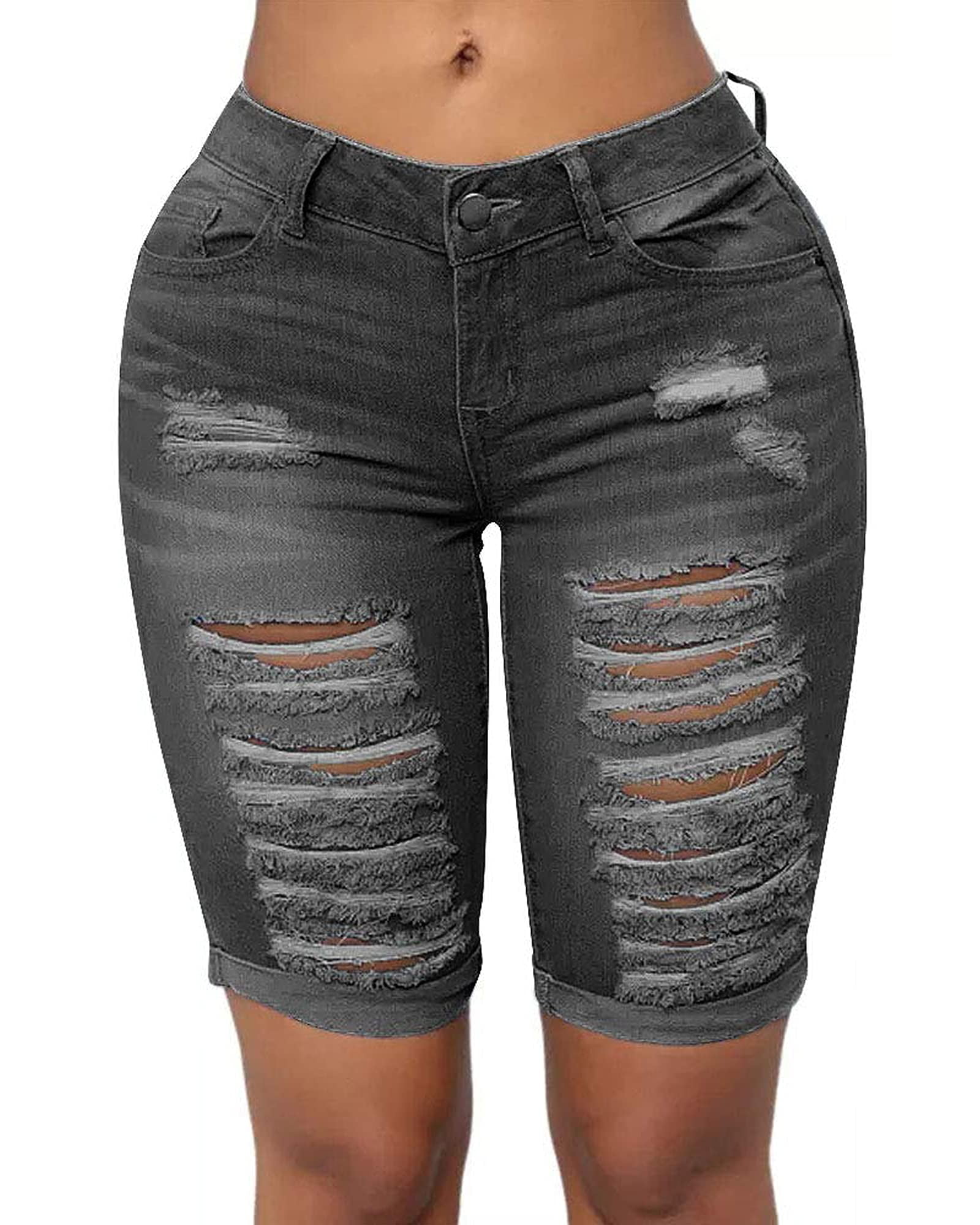 roswear Women's Distressed Knee Length Long Denim Shorts Ripped ...