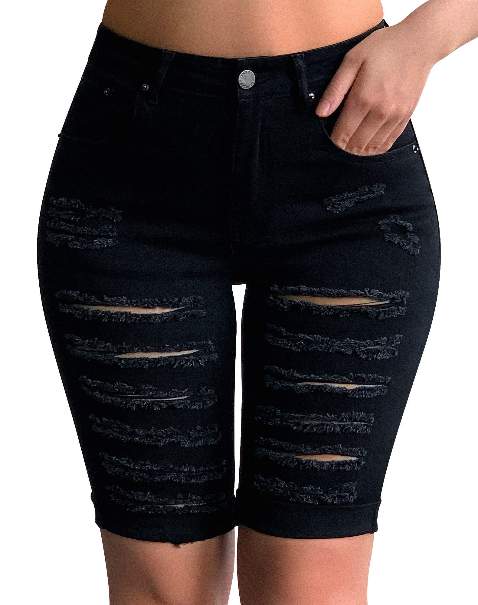 roswear Women's Distressed Knee Length Long Denim Shorts Ripped ...