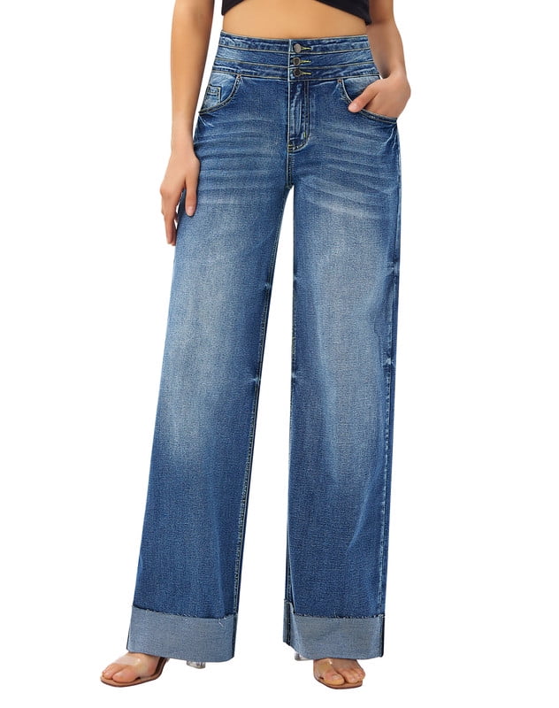 roswear Women's Stretchy Wide Leg Jeans Cuffed Denim Pants, 30" Inseam ...