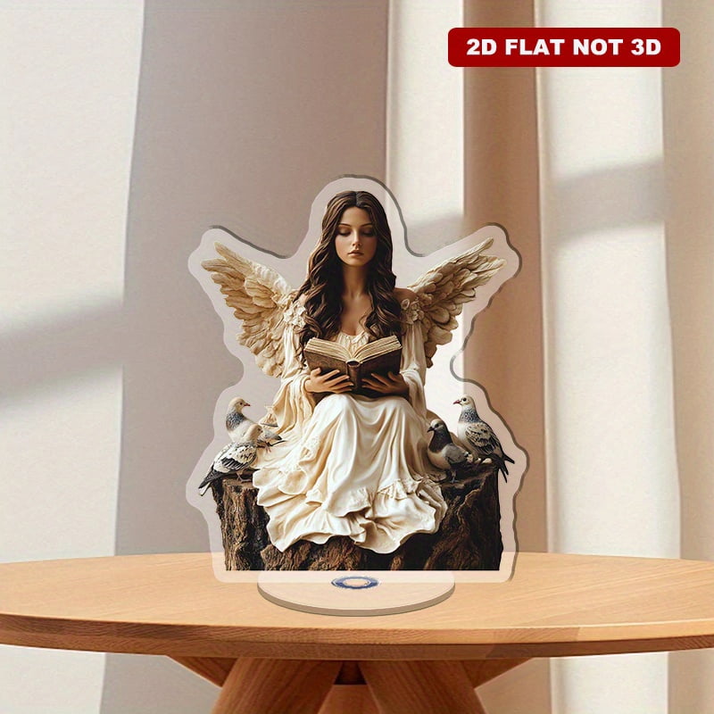 A rotating acrylic display features a detailed angel with long brown ...