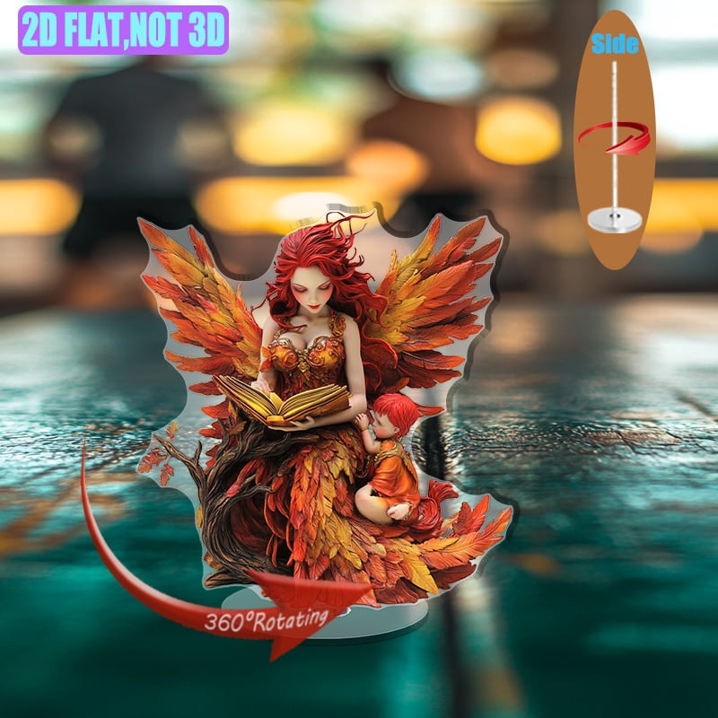 A rotating acrylic display features a whimsical phoenix reading ...
