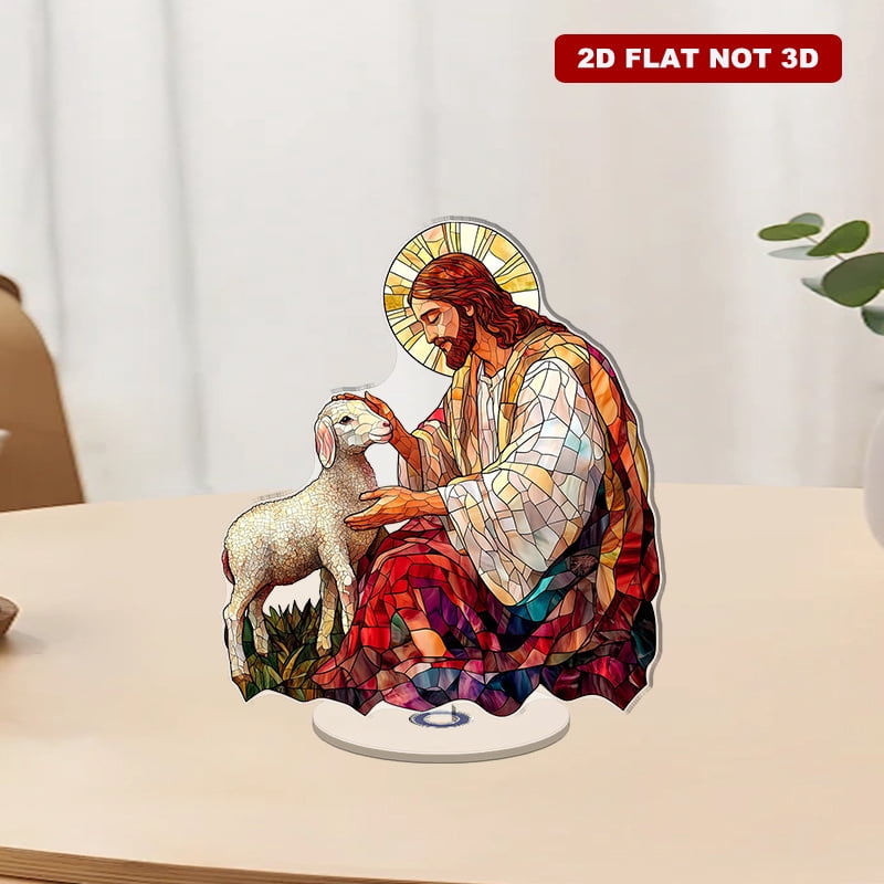 A rotating acrylic display featuring vibrant stained glass art of Jesus ...