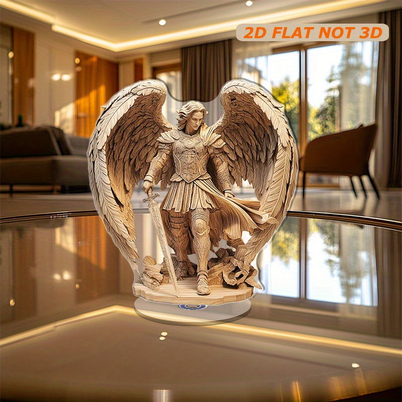 A rotating acrylic display showcasing a beautifully detailed wooden sculpture of Archangel ...