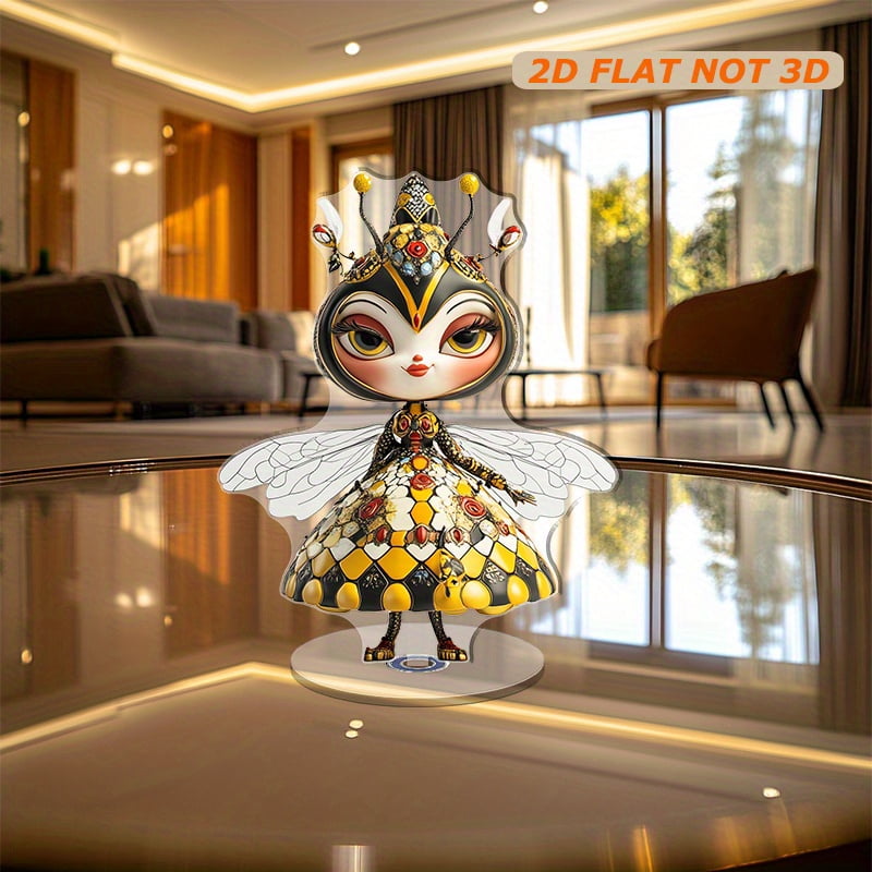 A rotating acrylic ornament featuring a charming cartoon queen bee in a ...
