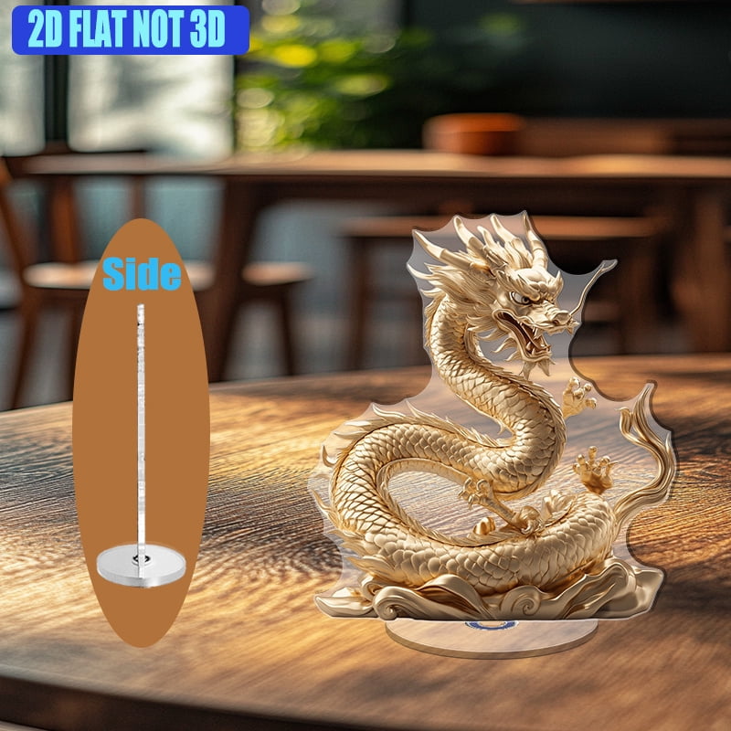 A rotating acrylic ornament featuring a dynamic golden Japanese dragon ...